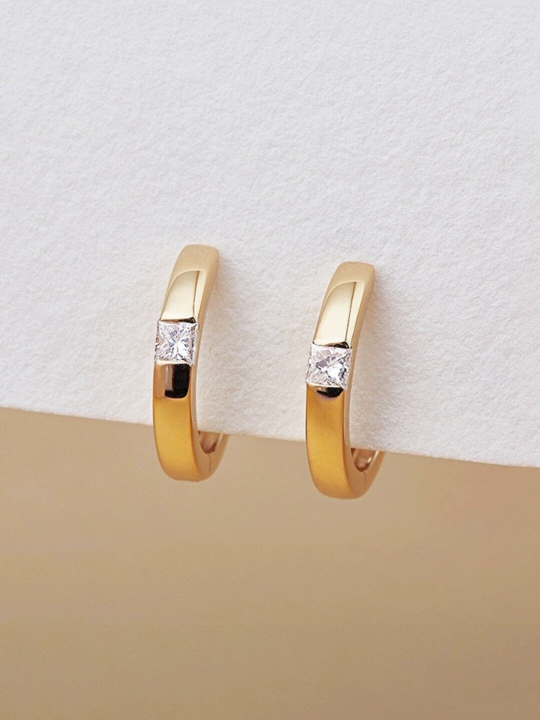 18K Solid Gold Square Diamond Hoop Earrings, Dainty Diamond Earrings ...