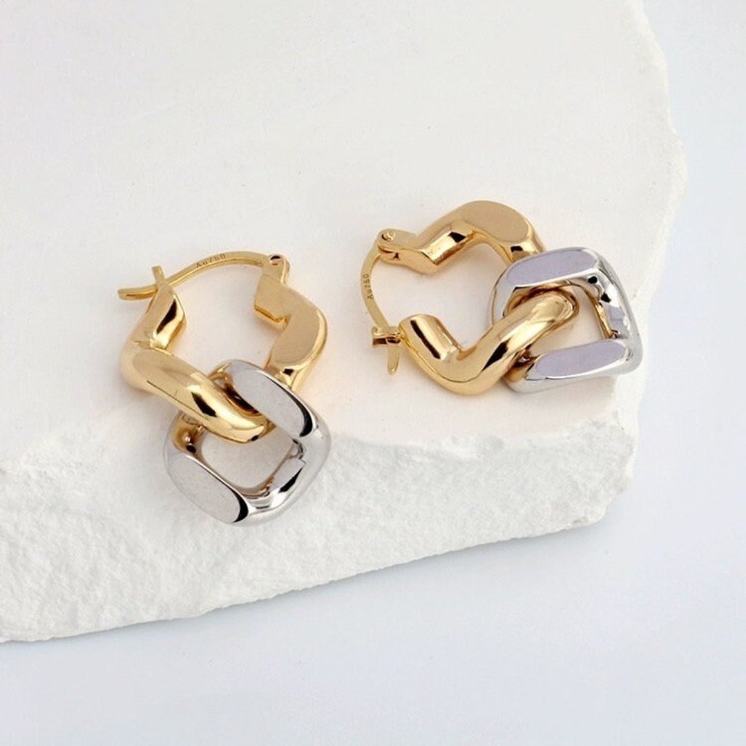 18K Solid Gold Two Tone Long Link Chain Earrings, Chain Earrings, Solid ...