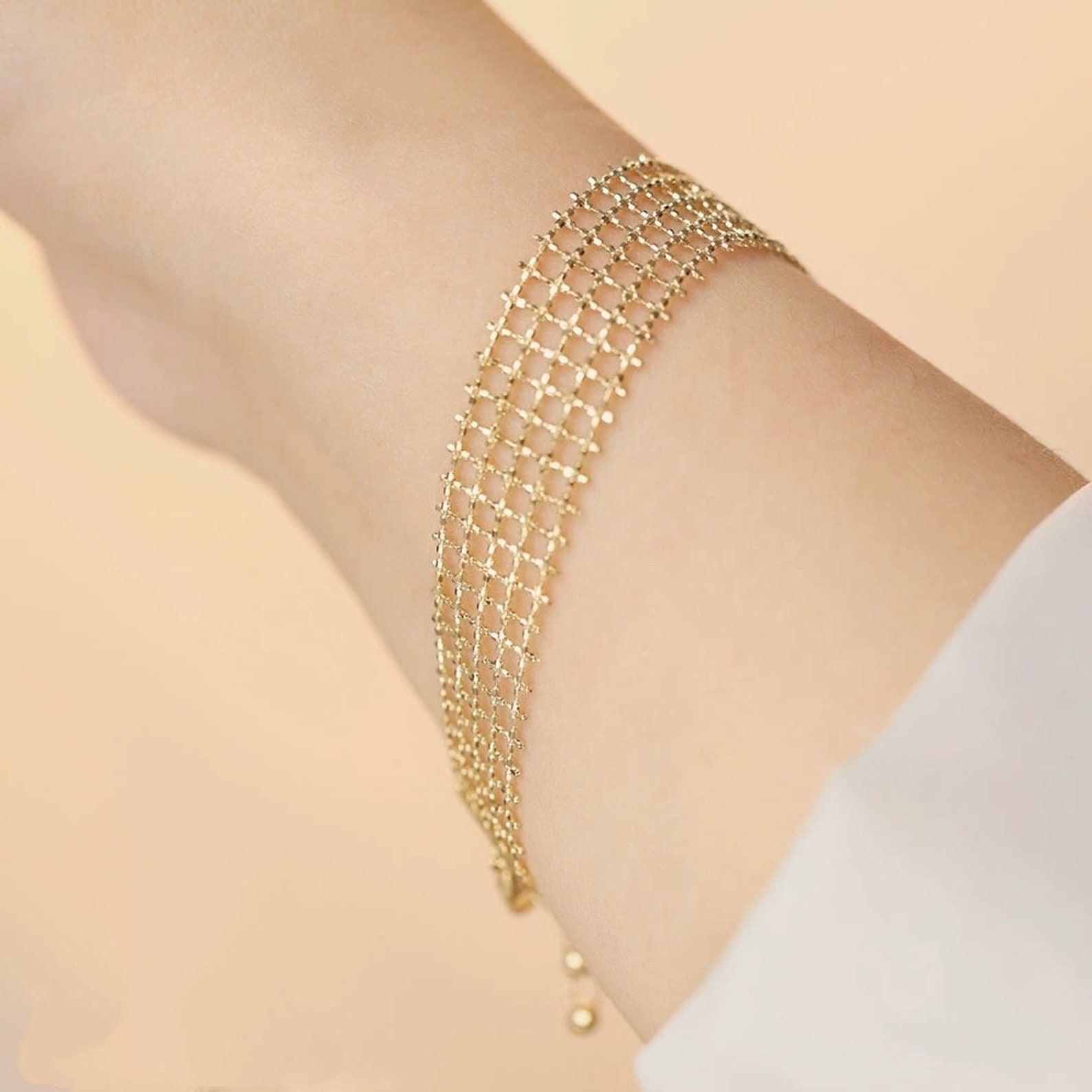 18K Solid Gold Lace Bracelet With Beads, Vintage Mesh Bracelet Gold ...