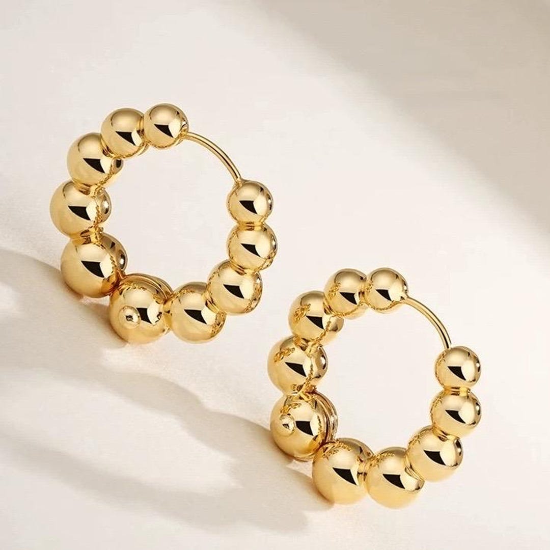 18K Solid Gold Hoop Earrings, Gold Beads Hoop, Beads Huggie Hoop ...