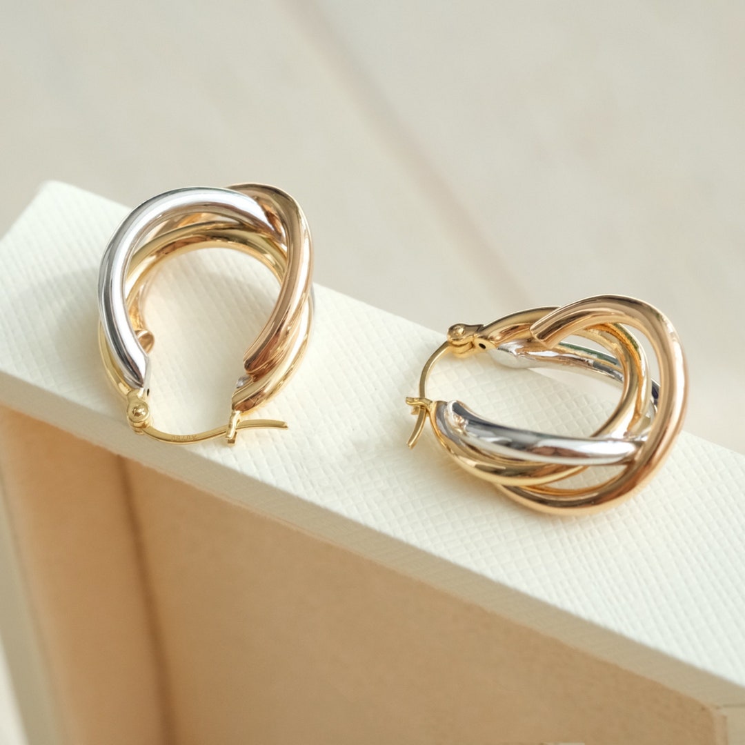 18K Solid Gold Trio Circle Hoop, 18K Unique Tri-colour Solid Gold Hoop ...