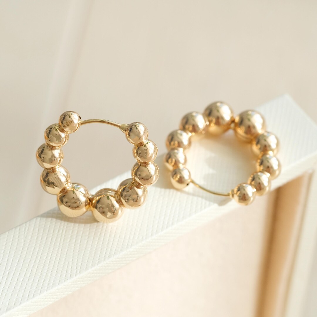 18K Solid Gold Hoop Earrings, Gold Beads Hoop, Beads Huggie Hoop ...