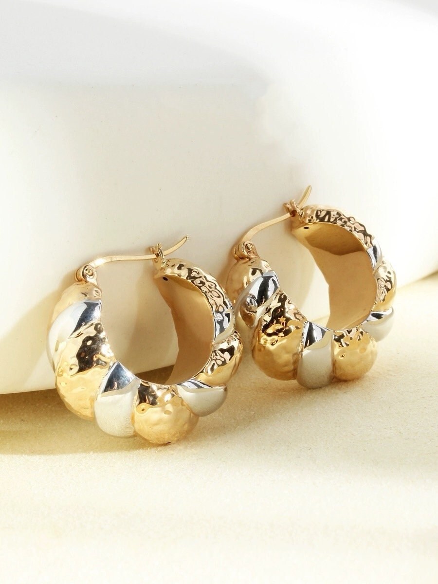 18K Solid Gold Two Tone Twist Hoop Earrings, Classic Tube Hoops, Chunky ...