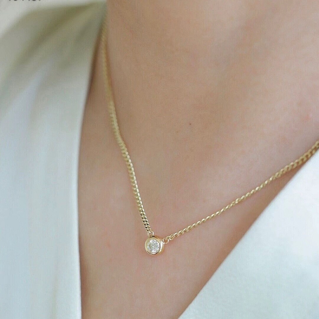18K Solid Gold 0.25 Diamond Necklace,solitaire Diamond Chain Necklace ...