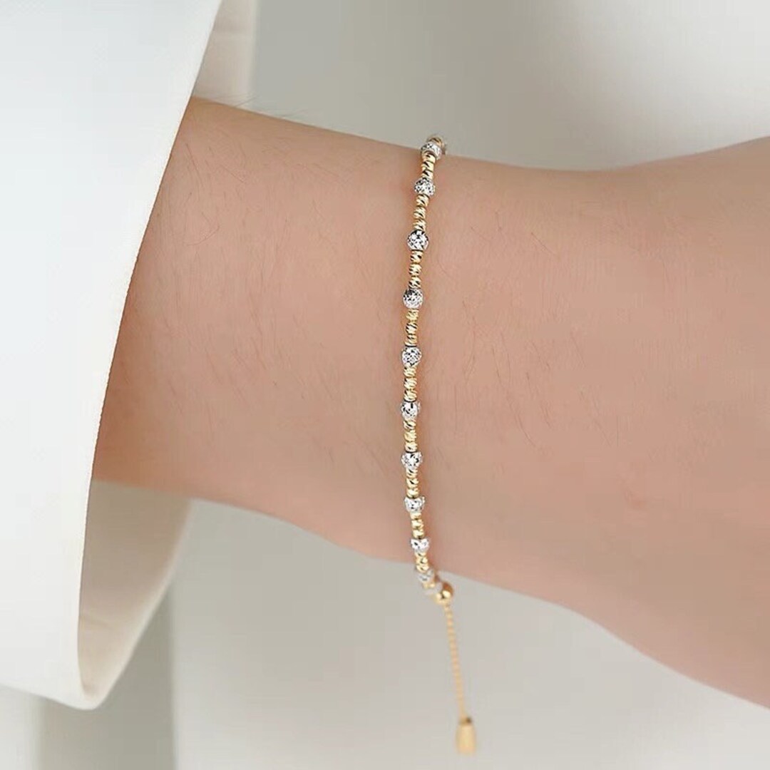 18K SOLID GOLD Two Tone Beads Bracelet, Solid Gold Stacking Bracelet ...