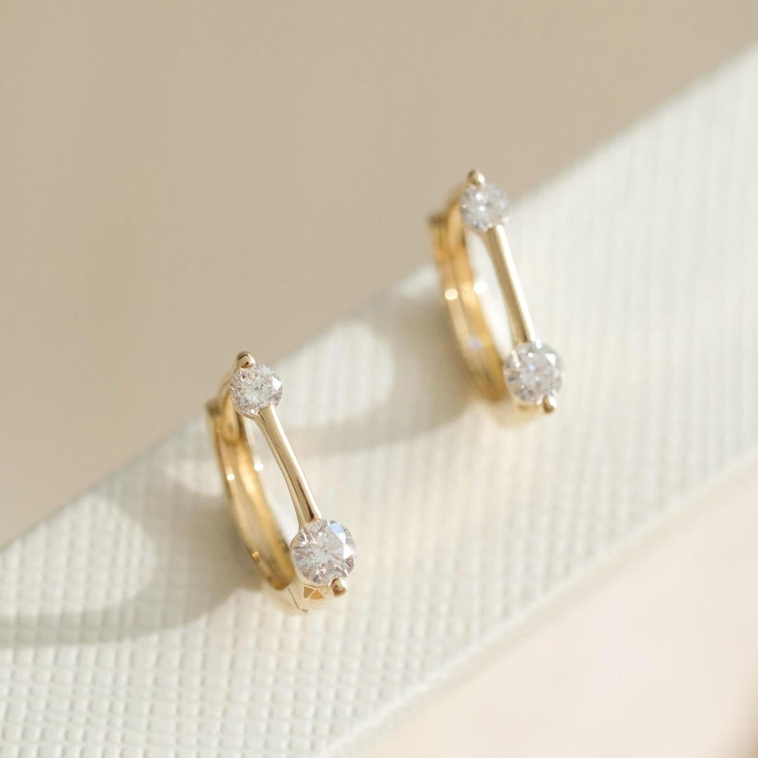 18K Solid Gold Mini Diamond Huggies, Small Diamond Hoops, Dainty ...