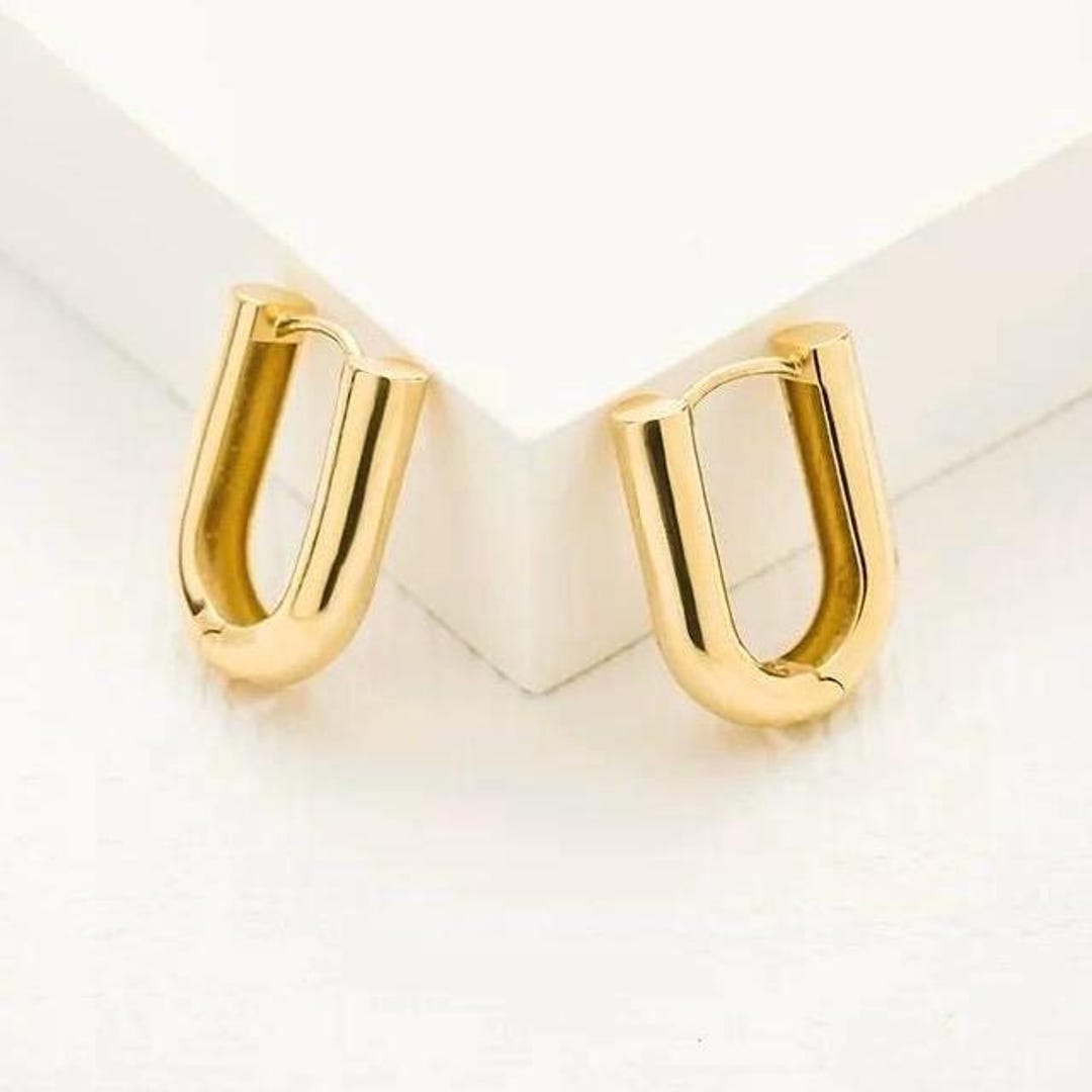 14K Solid Gold Classic Hoop U Shape Hoop Earrings, Solid Gold Oval ...