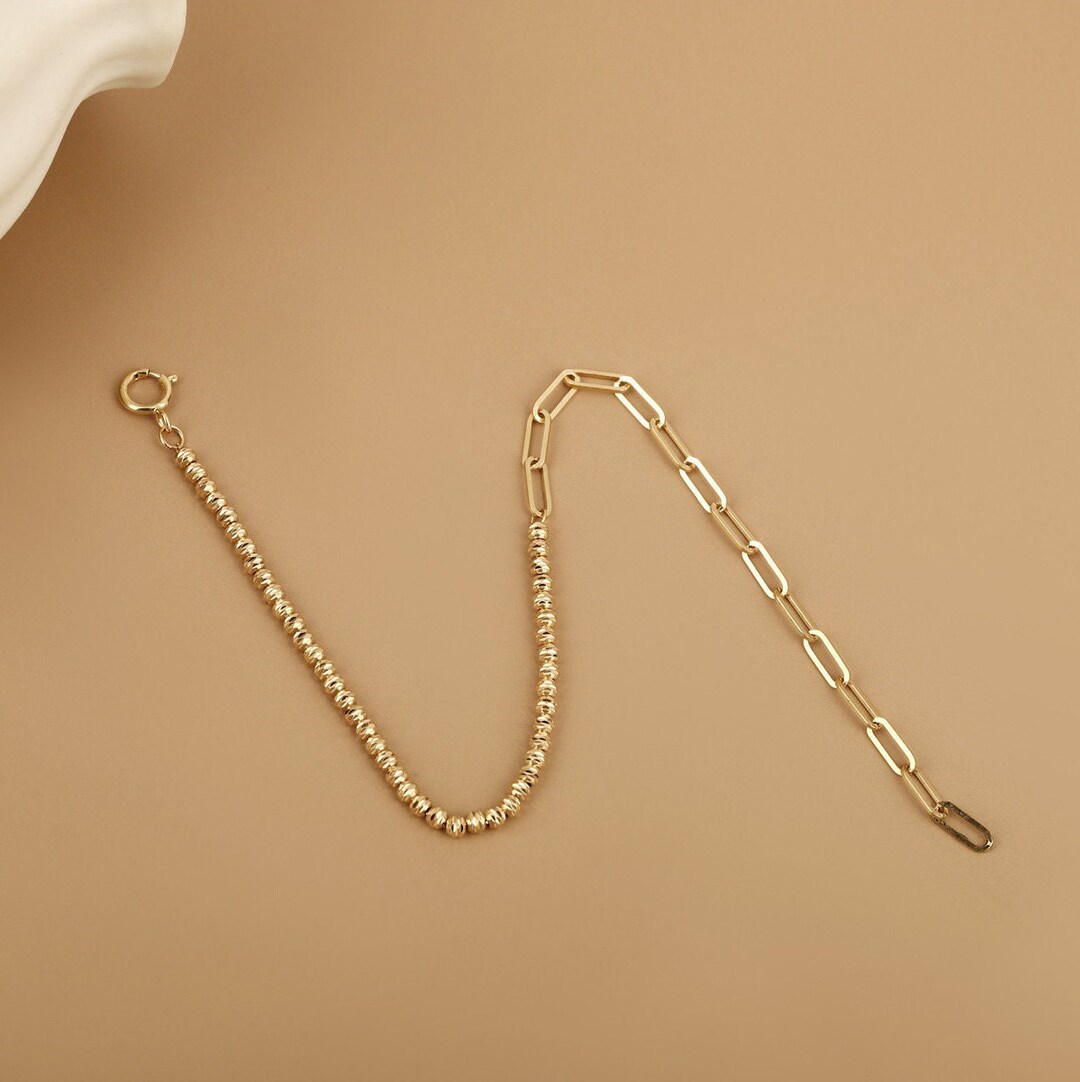 18K SOLID GOLD Beads Bracelet, Stacking Bracelet, Solid Gold Paper Clip ...