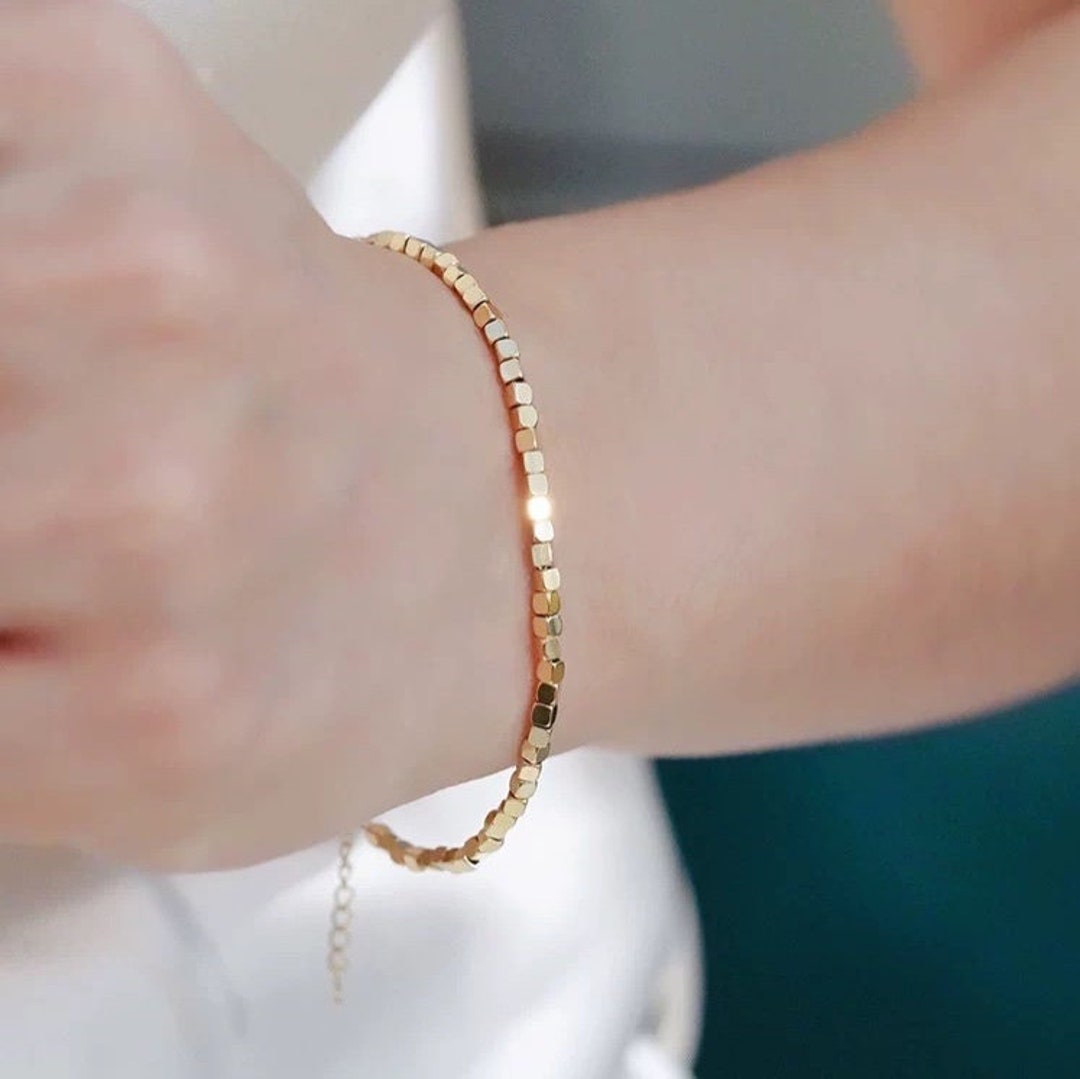 18K SOLID GOLD Square Beads Bracelet, Solid Gold Stacking Bracelet ...