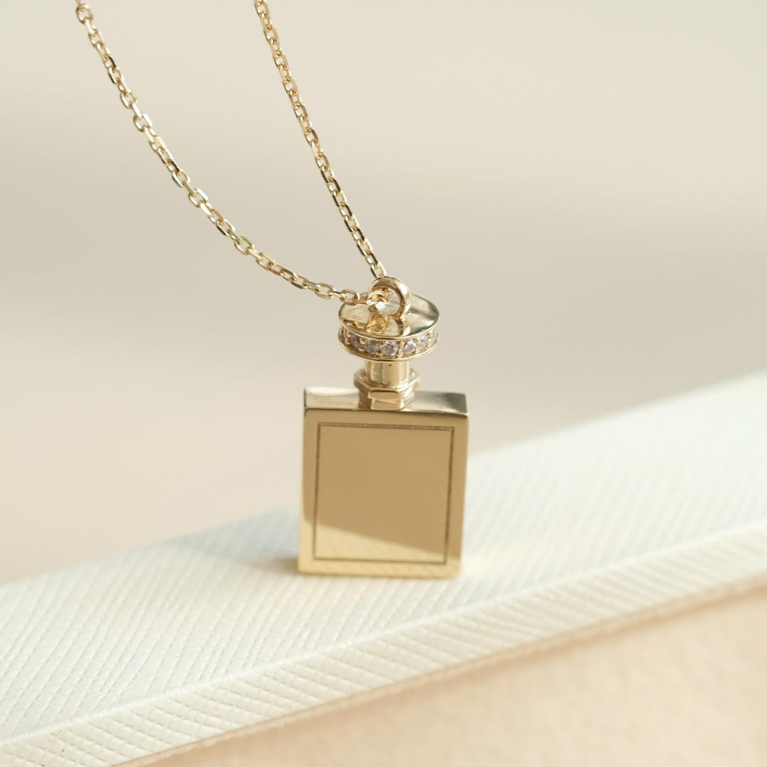14K Solid Gold Personalised Perfume Bottle Necklace, Solid Gold Perfume ...