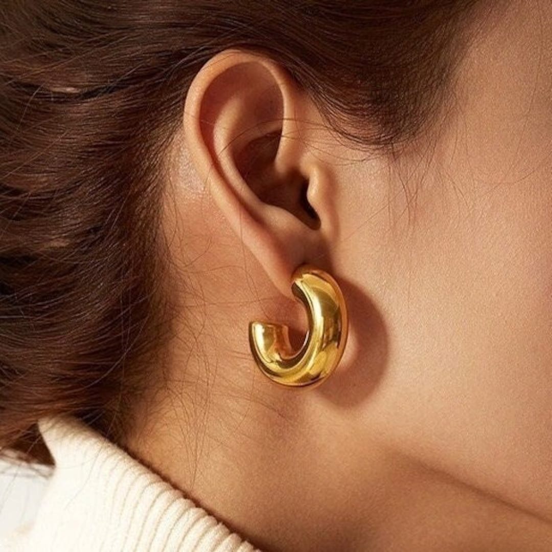 18K Solid Gold Tube Hoops, Chunky Large Hoop Earrings, Satin Tube Hoop ...