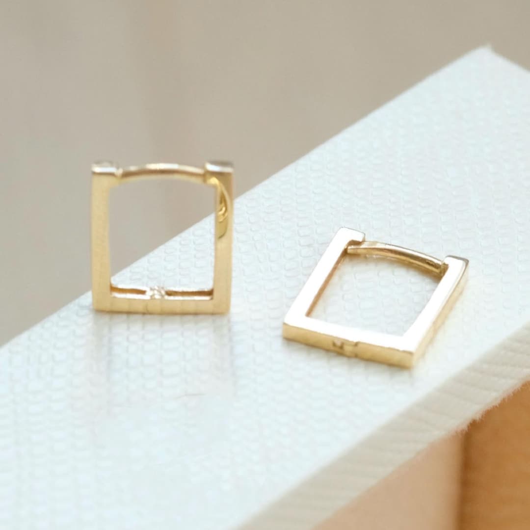 14K Solid Gold Hoop Earrings, Dainty Square Hoop,solid Gold Hoop ...