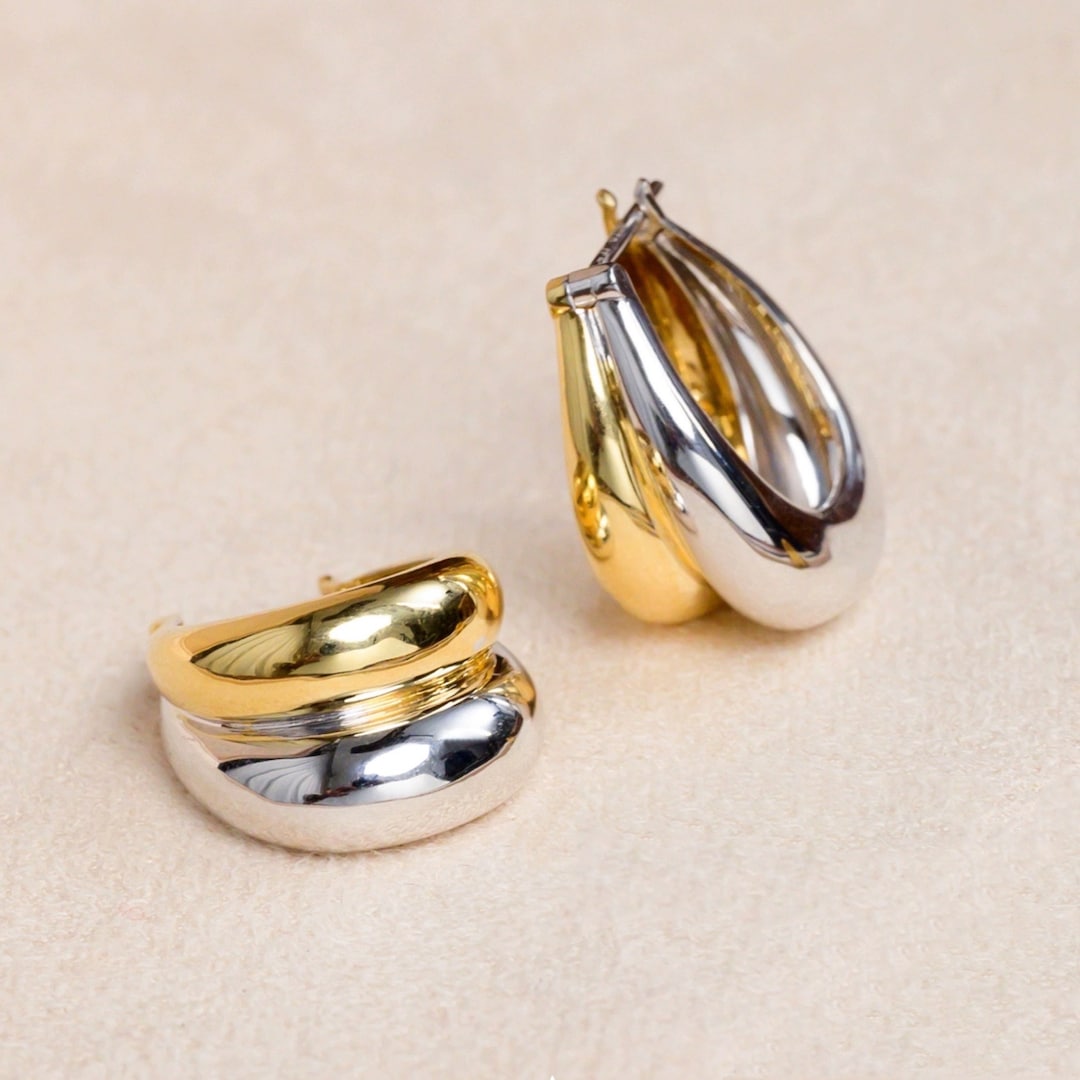 18K Solid Gold Two Tone Hoop Earrings, Classic Tube Hoops, Chunky Gold ...