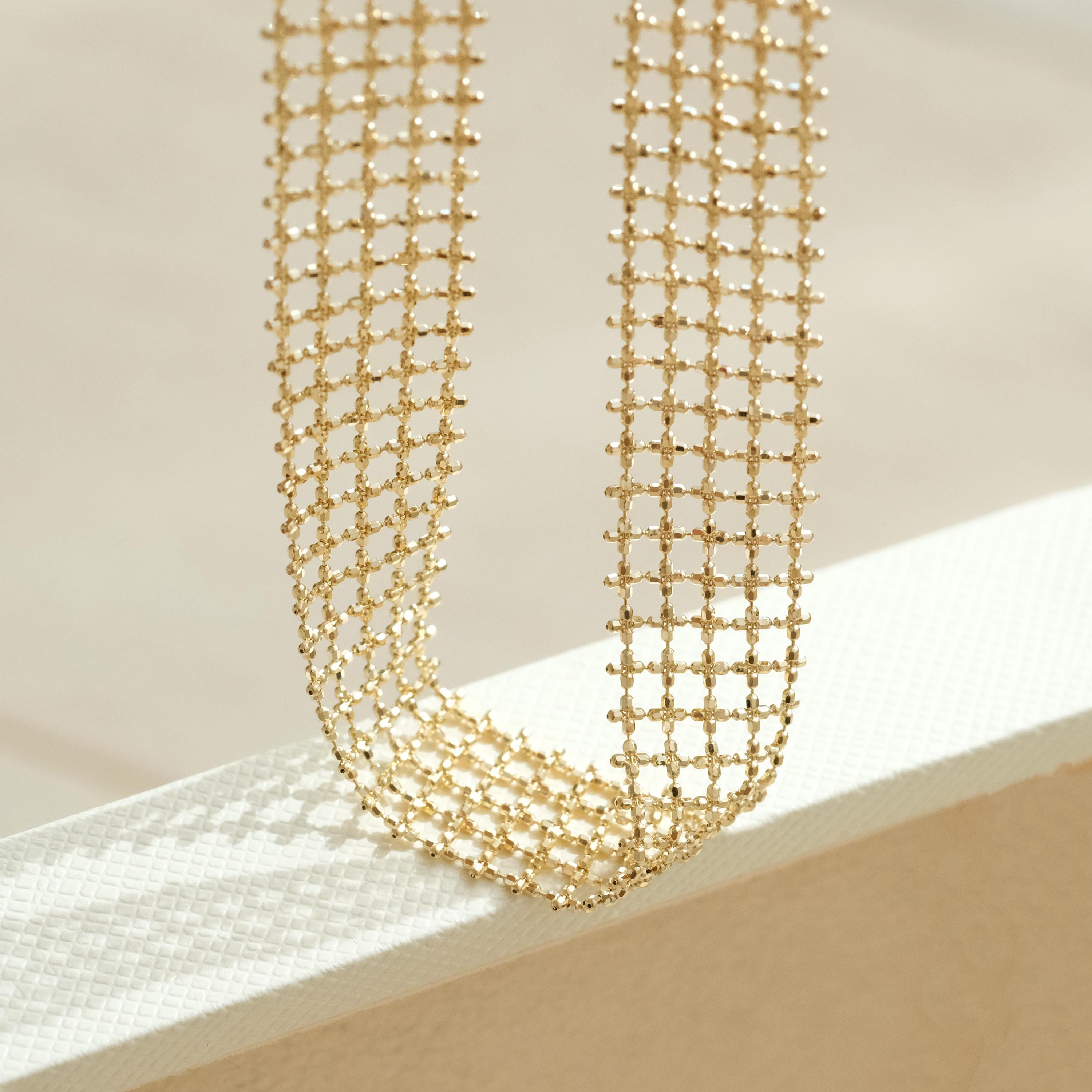 18K Solid Gold Lace Bracelet With Beads, Vintage Mesh Bracelet Gold ...