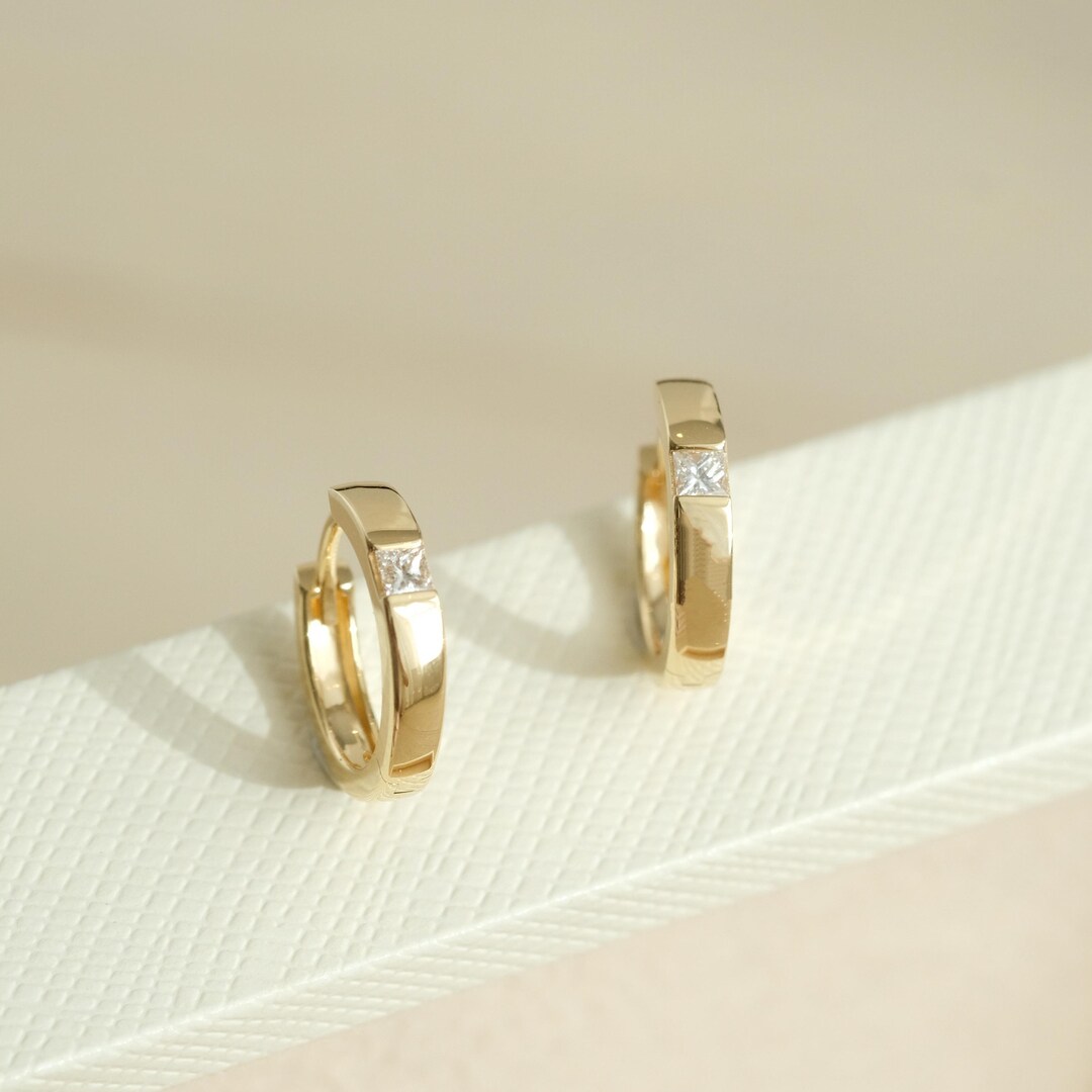 18K Solid Gold Square Diamond Hoop Earrings, Dainty Diamond Earrings ...
