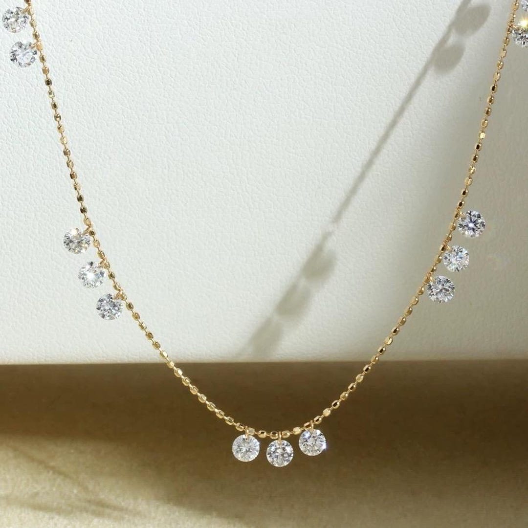 18K Solid Gold Dangling Diamond Necklace, Solid Gold Dainty Diamond ...
