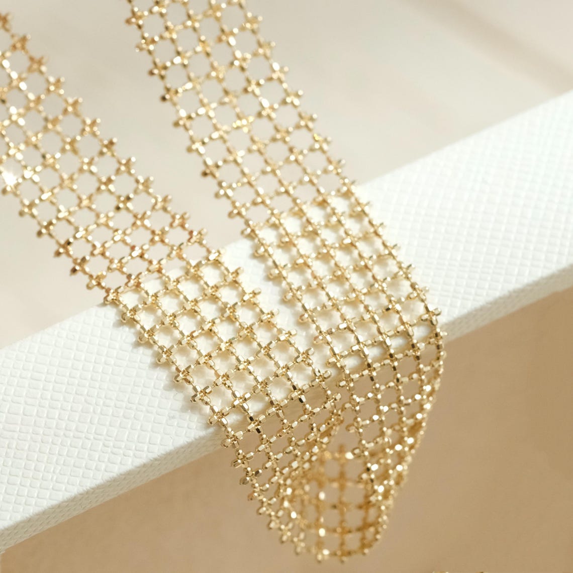 18K Solid Gold Lace Bracelet With Beads, Vintage Mesh Bracelet Gold ...