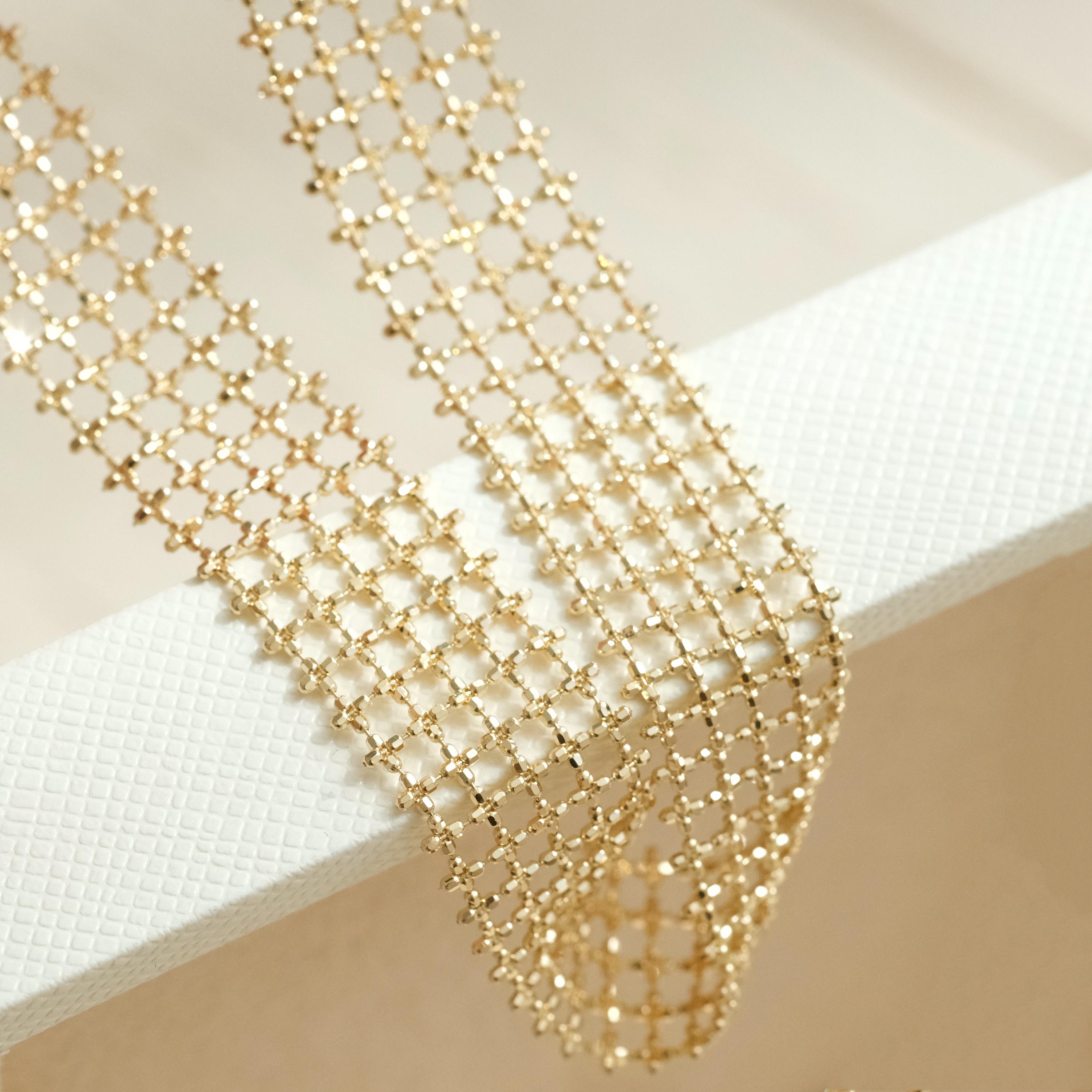 18K Solid Gold Lace Bracelet With Beads, Vintage Mesh Bracelet Gold ...
