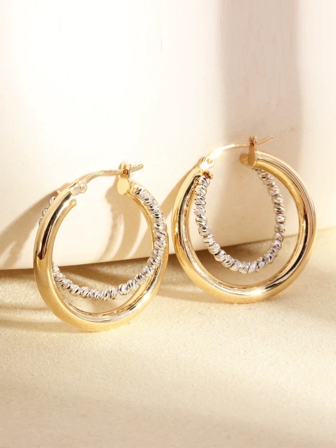 18K Solid Gold Two Tone Hoop Earrings, Gold Hoop Earring, Two Circle ...