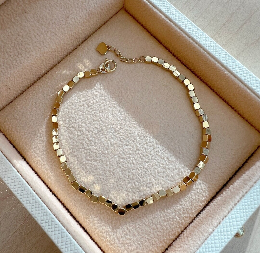 18K SOLID GOLD Square Beads Bracelet, Solid Gold Stacking Bracelet ...