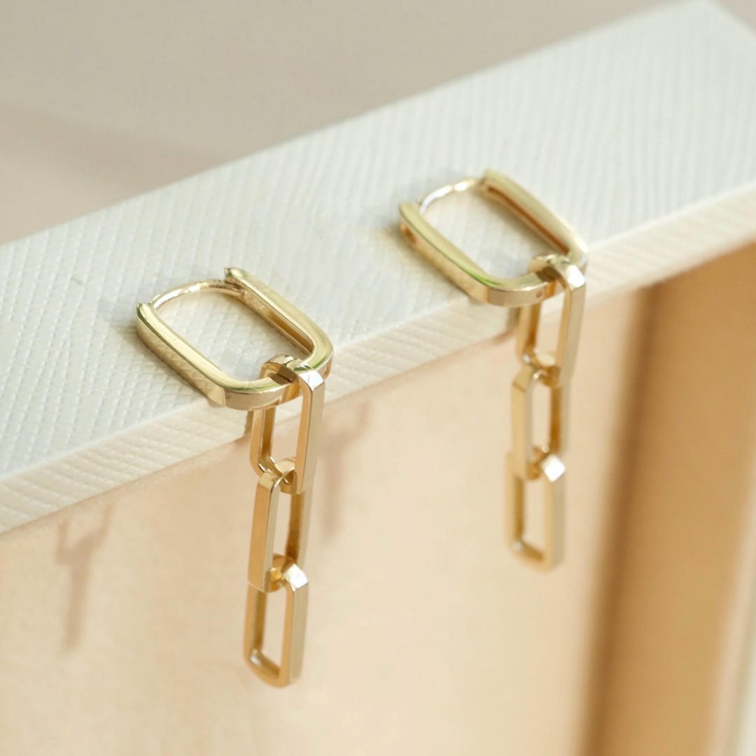 14k Solid Gold Long Link Chain Earrings, Chain Earrings, Solid Gold ...