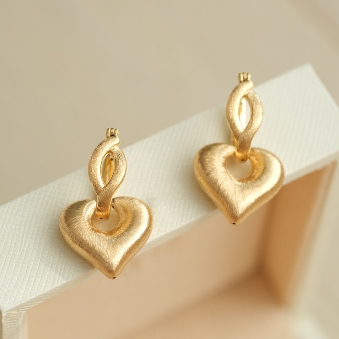 18K Solid Gold Dangling Puffy Heart Hoop Earrings, Removable Heart ...