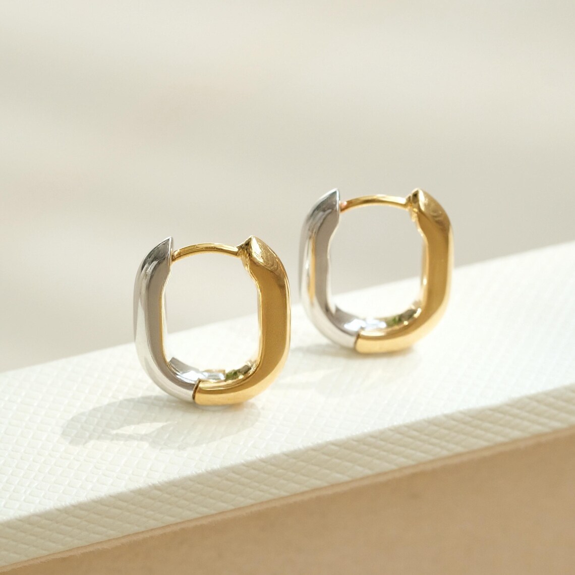 18K Solid Gold Two Tone Hoop Earrings, Classic Tube Hoops, Small Gold ...