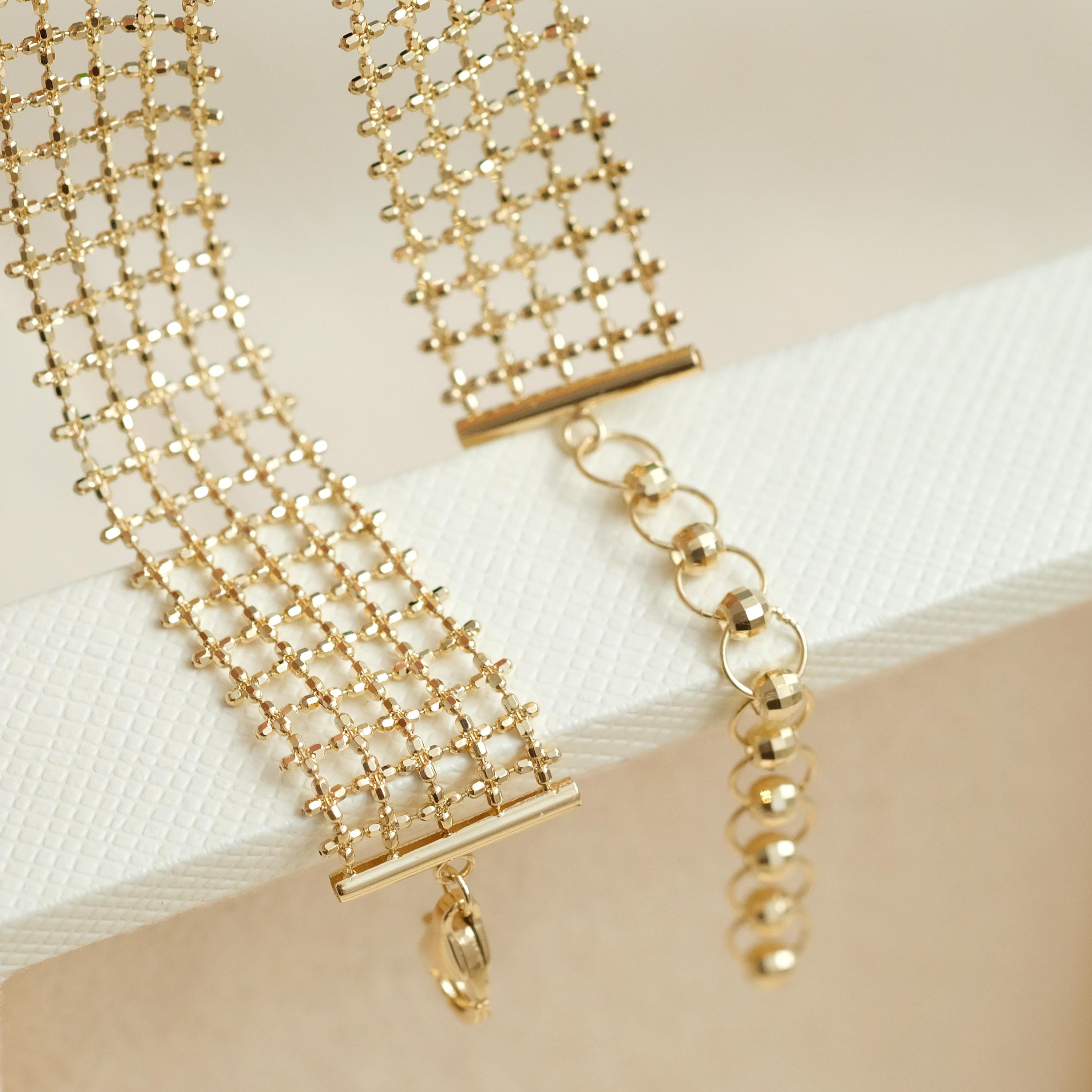 18K Solid Gold Lace Bracelet With Beads, Vintage Mesh Bracelet Gold ...
