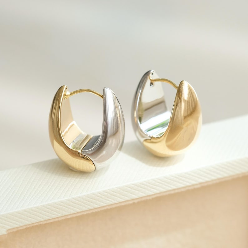 18K Solid Gold Two Tone Hoop Earrings, Large Ball Earring, Chunky Gold ...