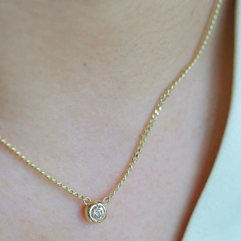 18K Solid Gold 0.25 Diamond Necklace,solitaire Diamond Chain Necklace ...
