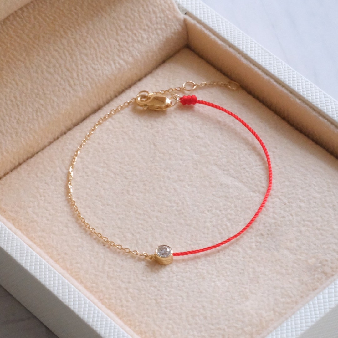 18K SOLID GOLD Red String Bracelet With Diamond / Solid Gold Lucky ...