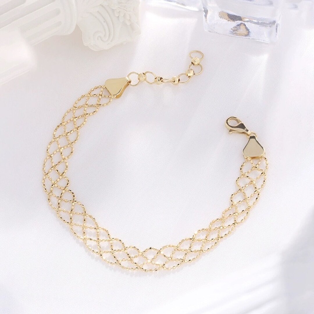 18K Solid Gold Lace Bracelet With Beads, Vintage Mesh Bracelet Gold ...