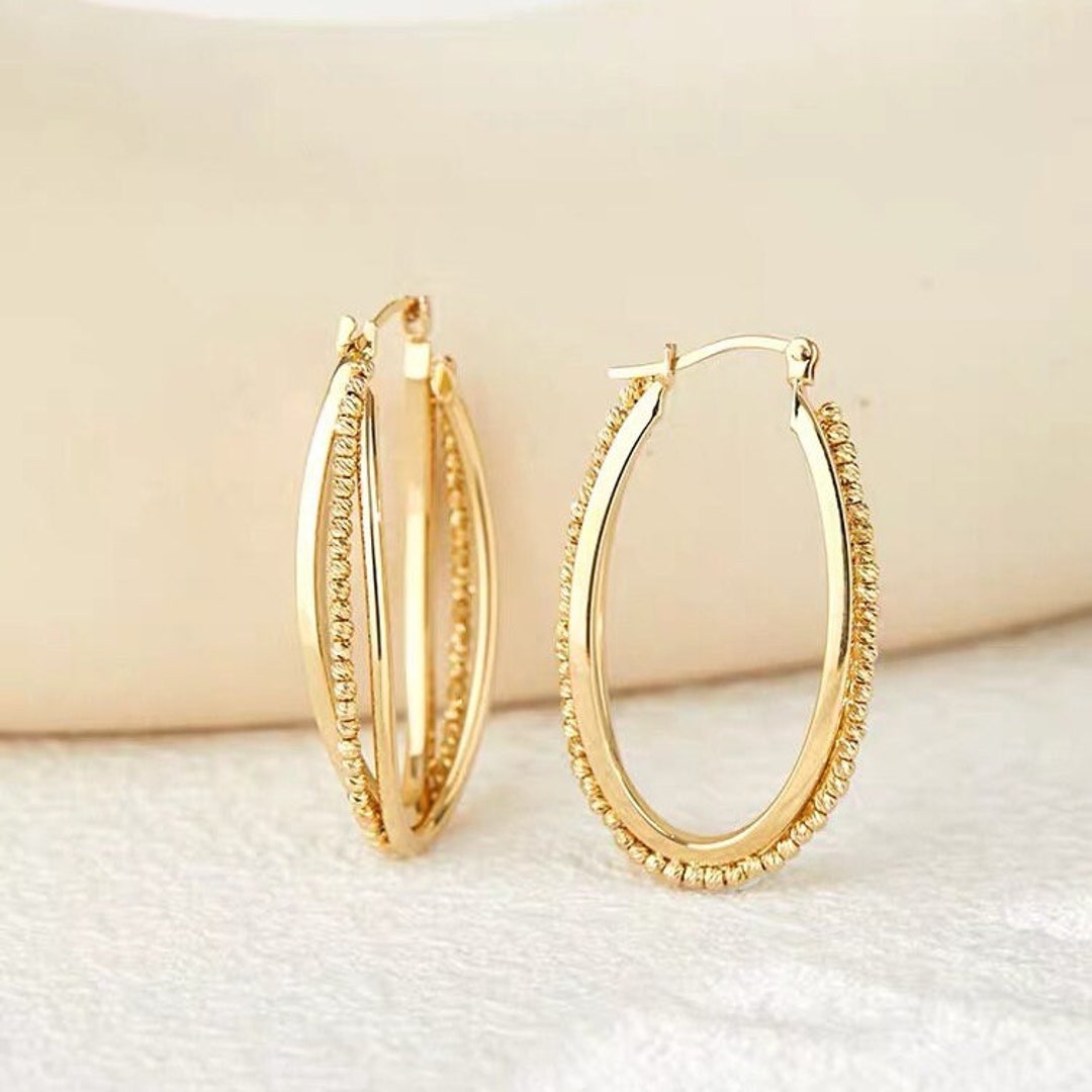 18K Solid Gold Hoop Earrings, Trio Circle Hoop, Solid Gold Hoop, Huggie ...