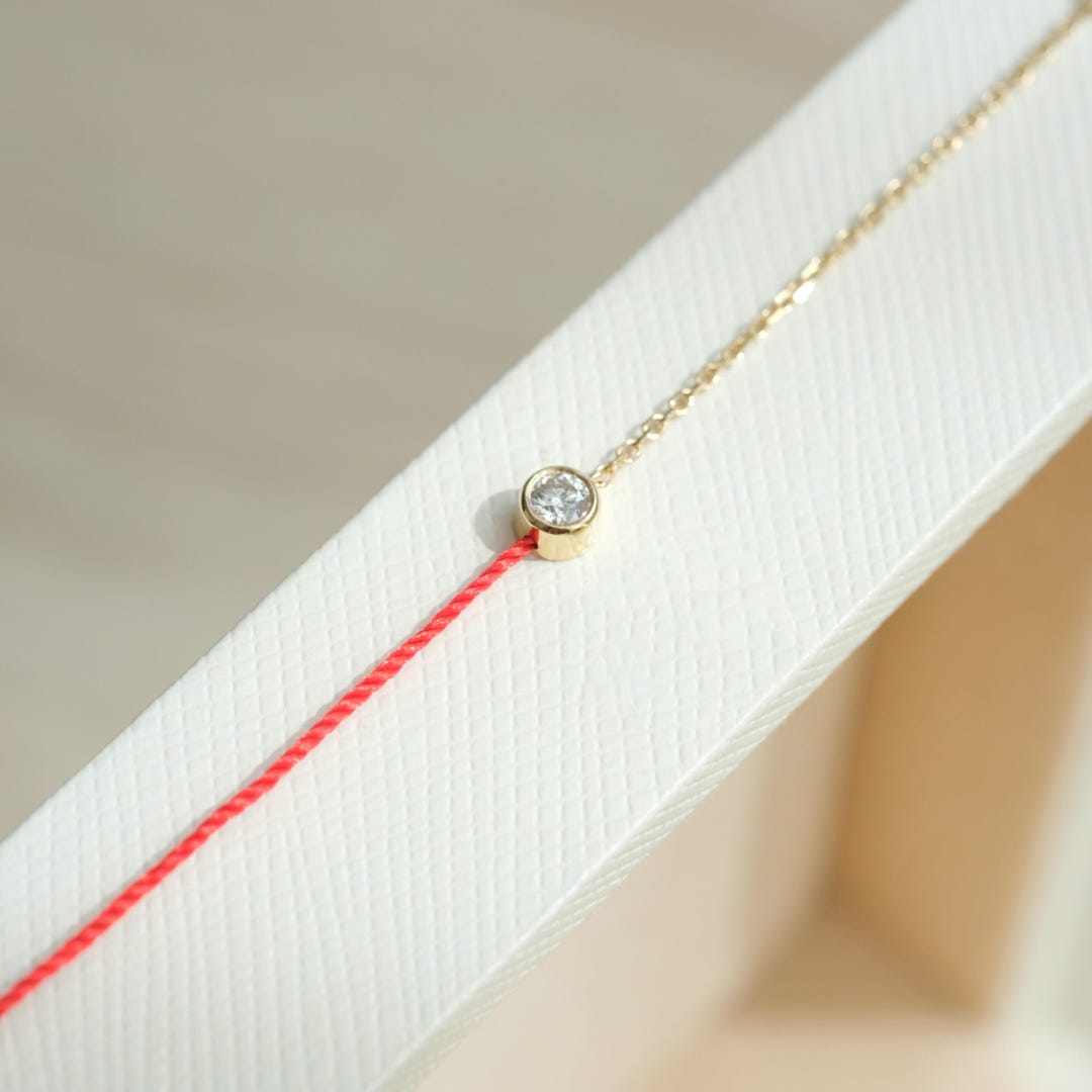 18K SOLID GOLD Red String Bracelet With Diamond / Solid Gold Lucky ...