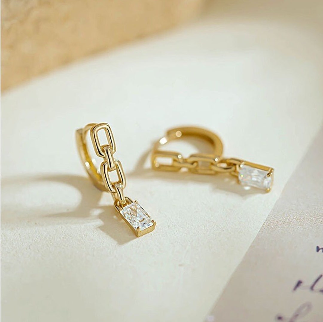 14k Solid Gold Link Chain Earrings With Dangling Diamond, Gold Chain ...