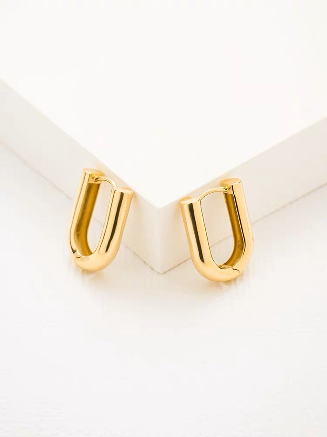 14K Solid Gold Classic Hoop U Shape Hoop Earrings, Solid Gold Oval ...
