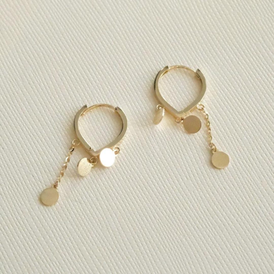 10K Solid Yellow Gold Disc Earrings, Huggie Hoop Earrings, Tiny Dots ...
