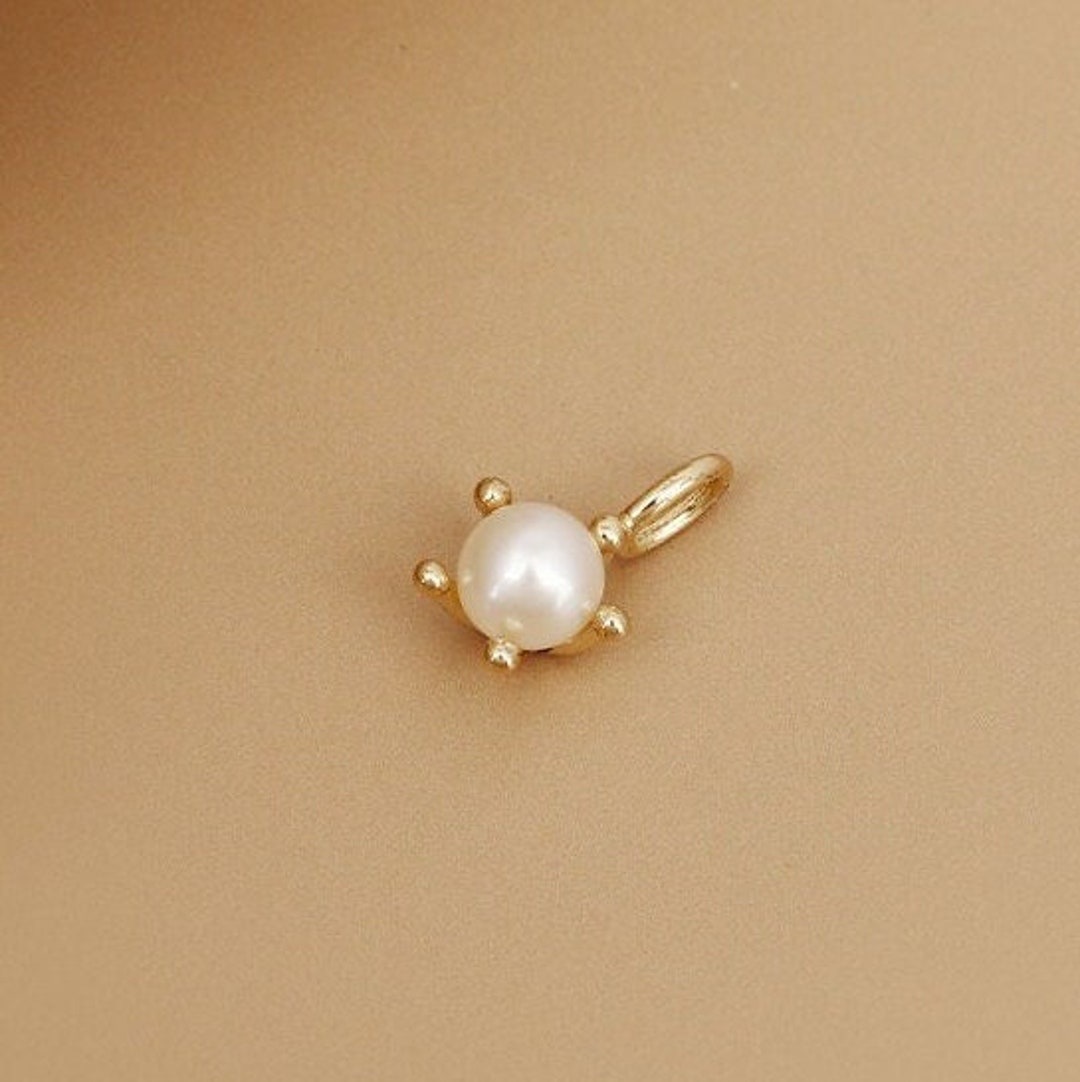 14K Solid Gold Pearl Charms, Pearl Necklace Charm, Pearl Gold Pendant ...