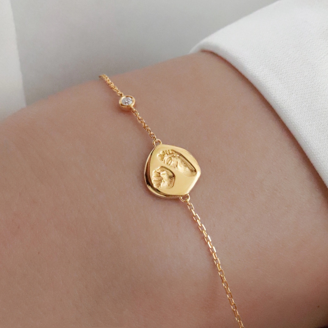 18K Solid Gold Baby Footprint Bracelet, Actual Baby Handprint Bracelet ...