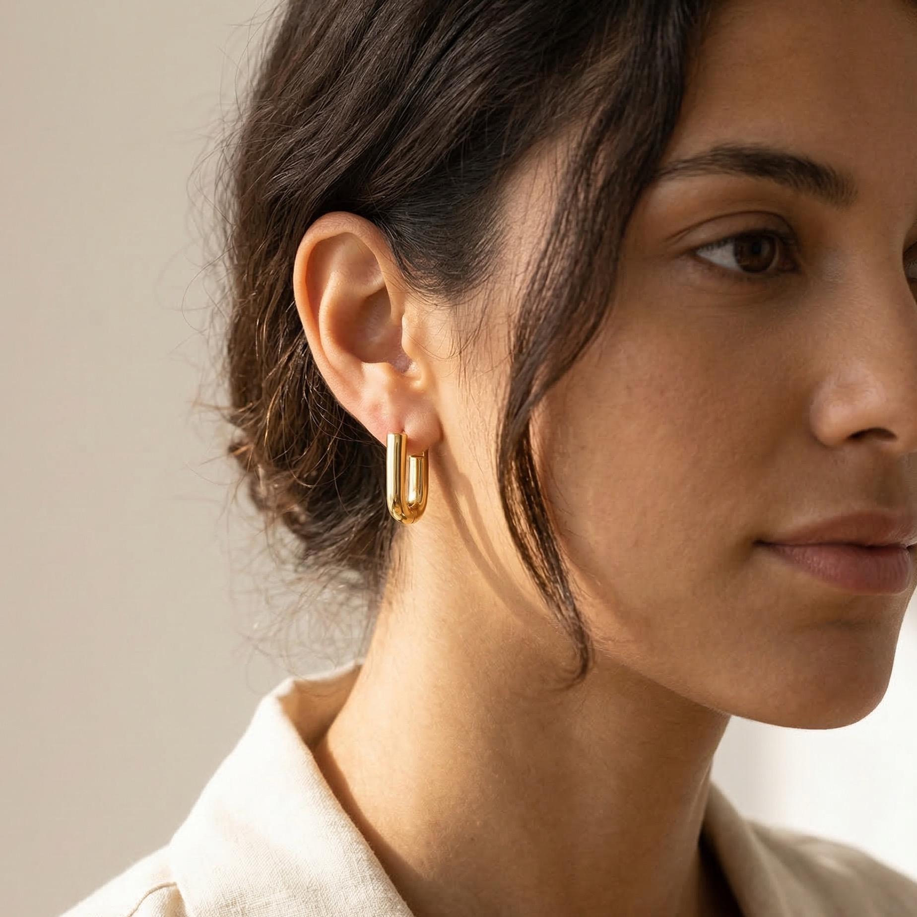14K Solid Gold Classic Hoop U Shape Hoop Earrings, Solid Gold Oval ...