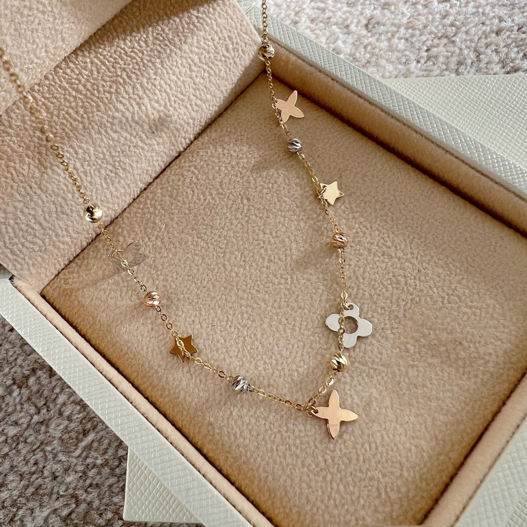 18K SOLID GOLD Multi Gold Colour Adjustable Clover Necklace,dainty Gold ...