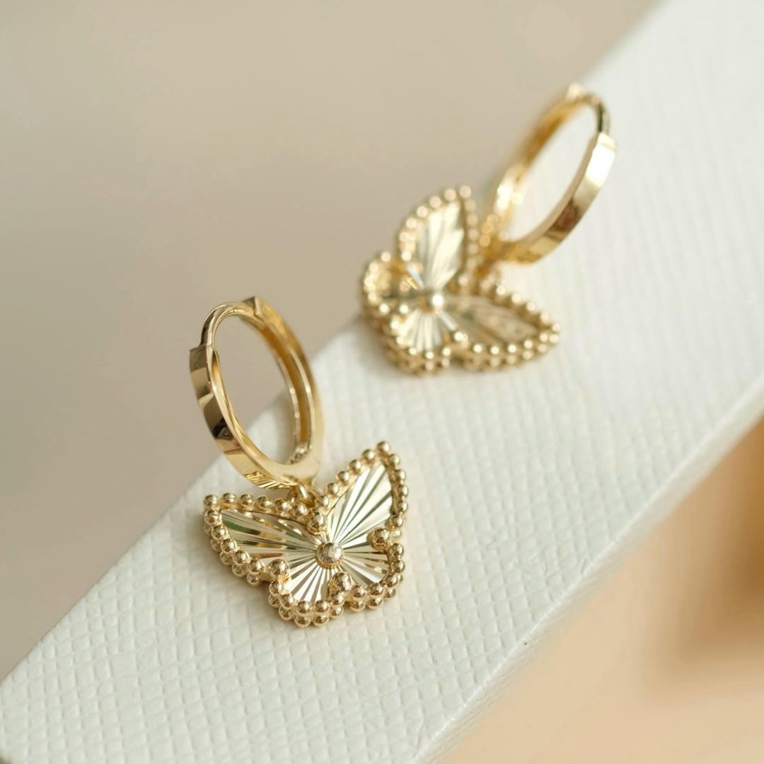 14K SOLID GOLD Dangling Butterfly Hoop Earrings,huggie Hoop Earring Butterfly, Butterfly ...