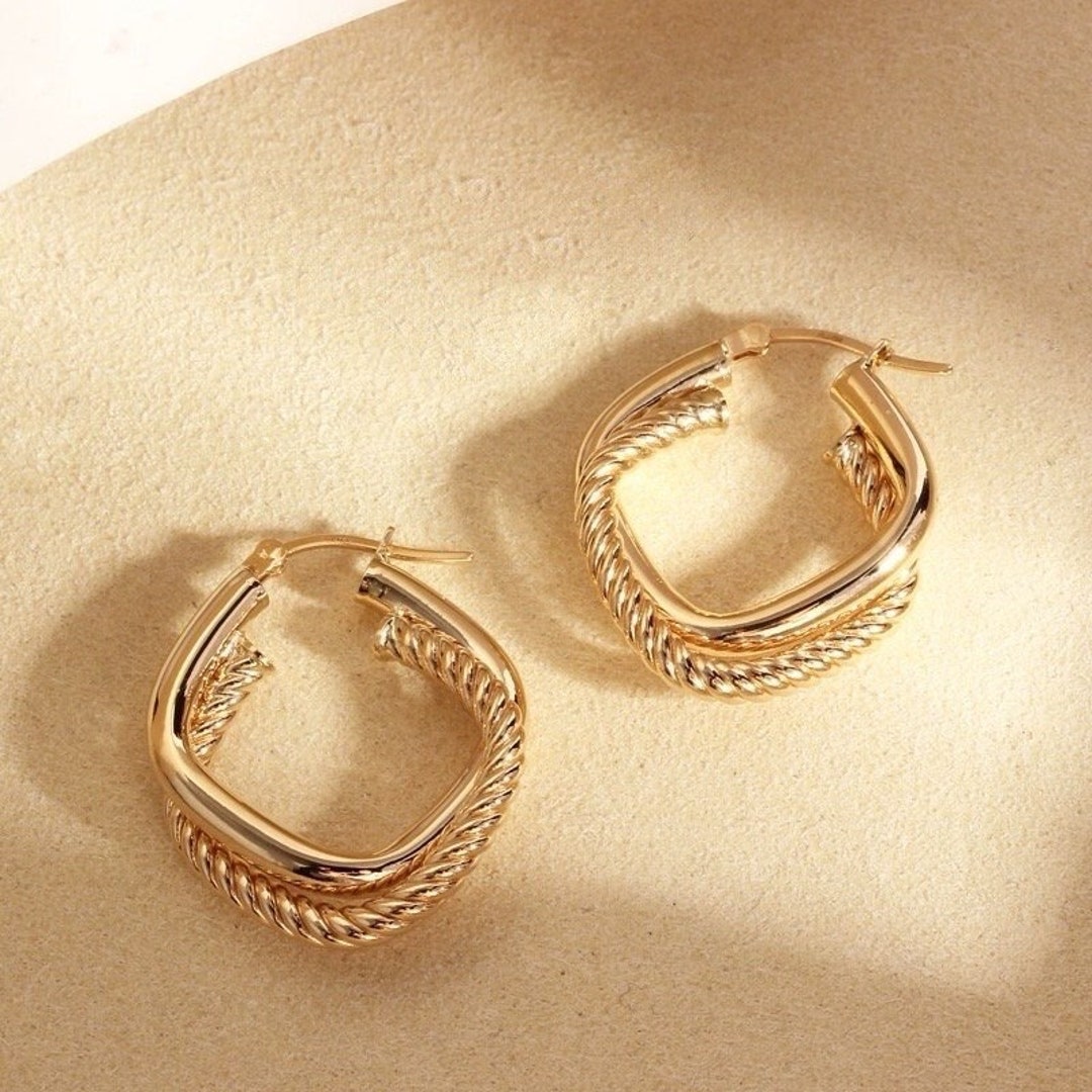 18K Solid Gold Big Hoop Earrings, Double Circle Hoop, Solid Gold Hoop ...