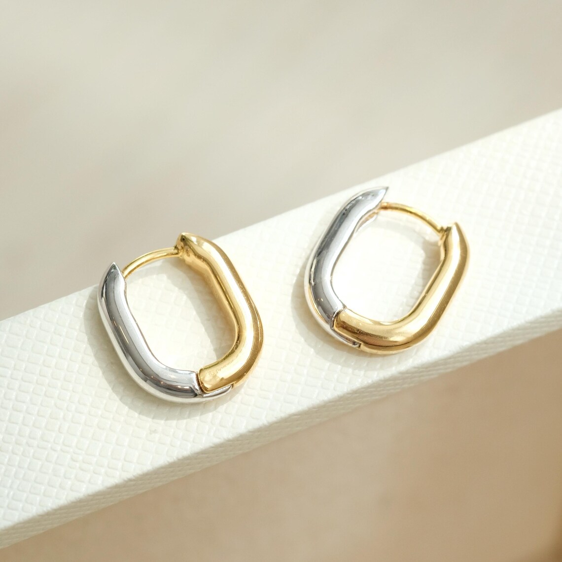 18K Solid Gold Two Tone Hoop Earrings, Classic Tube Hoops, Small Gold ...