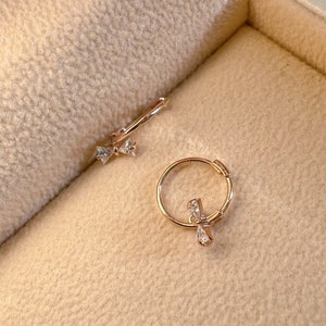 14K Solid Gold Dainty Dangling Bow Earrings, Small Bow Hoop Huggies ...
