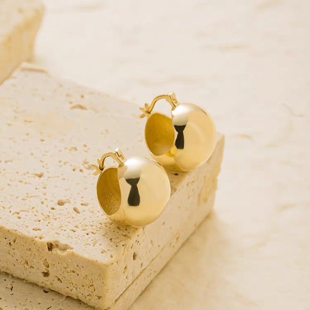 14k SOLID Gold Thick Chubby Huggie Earrings, Big Ball Earrings, Chunky ...