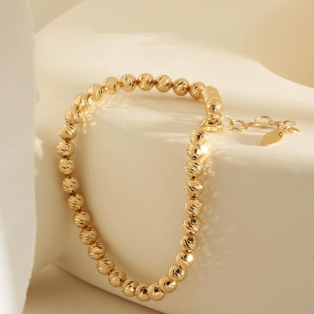 18K SOLID GOLD 4mm Beads Bracelet, Solid Gold Stacking Bracelet, Dainty ...