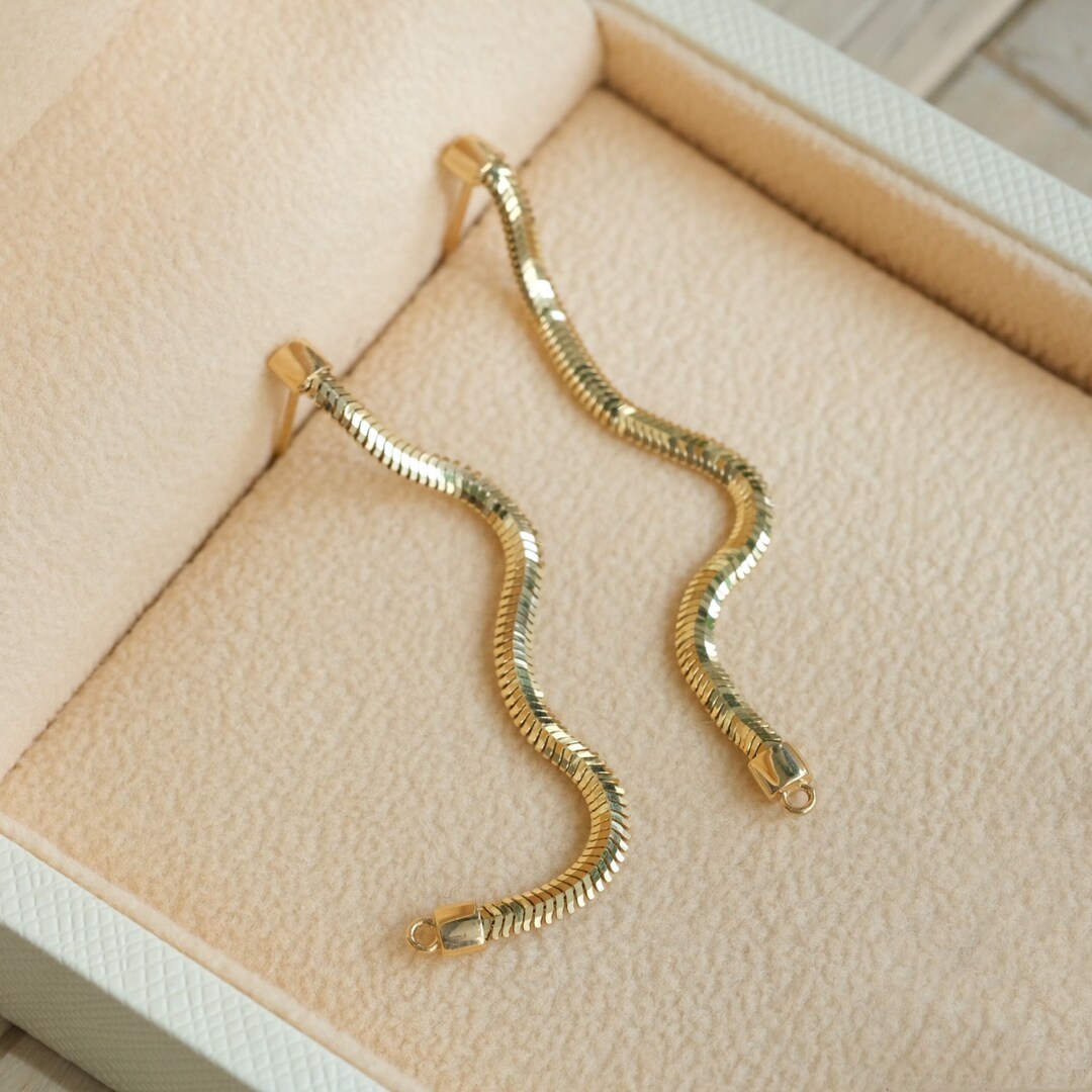 18K Solid Gold Snake Earrings, Gold Snake Bone Earrings, Herringbone ...
