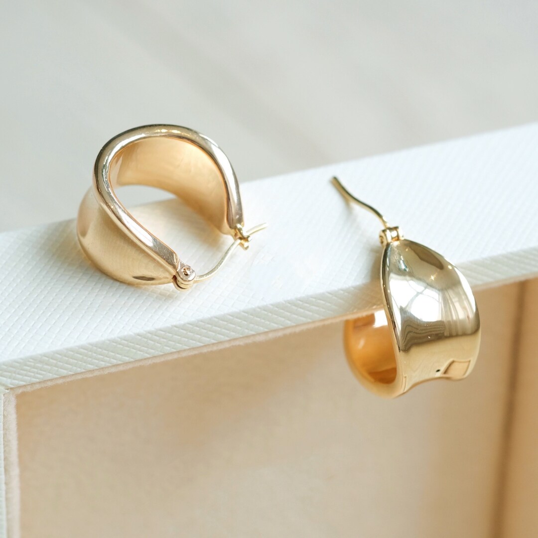 18k Solid Gold Thick Chubby Huggie Earrings, Big Ball Earrings, Wavy Statement Hoops, Melted ...