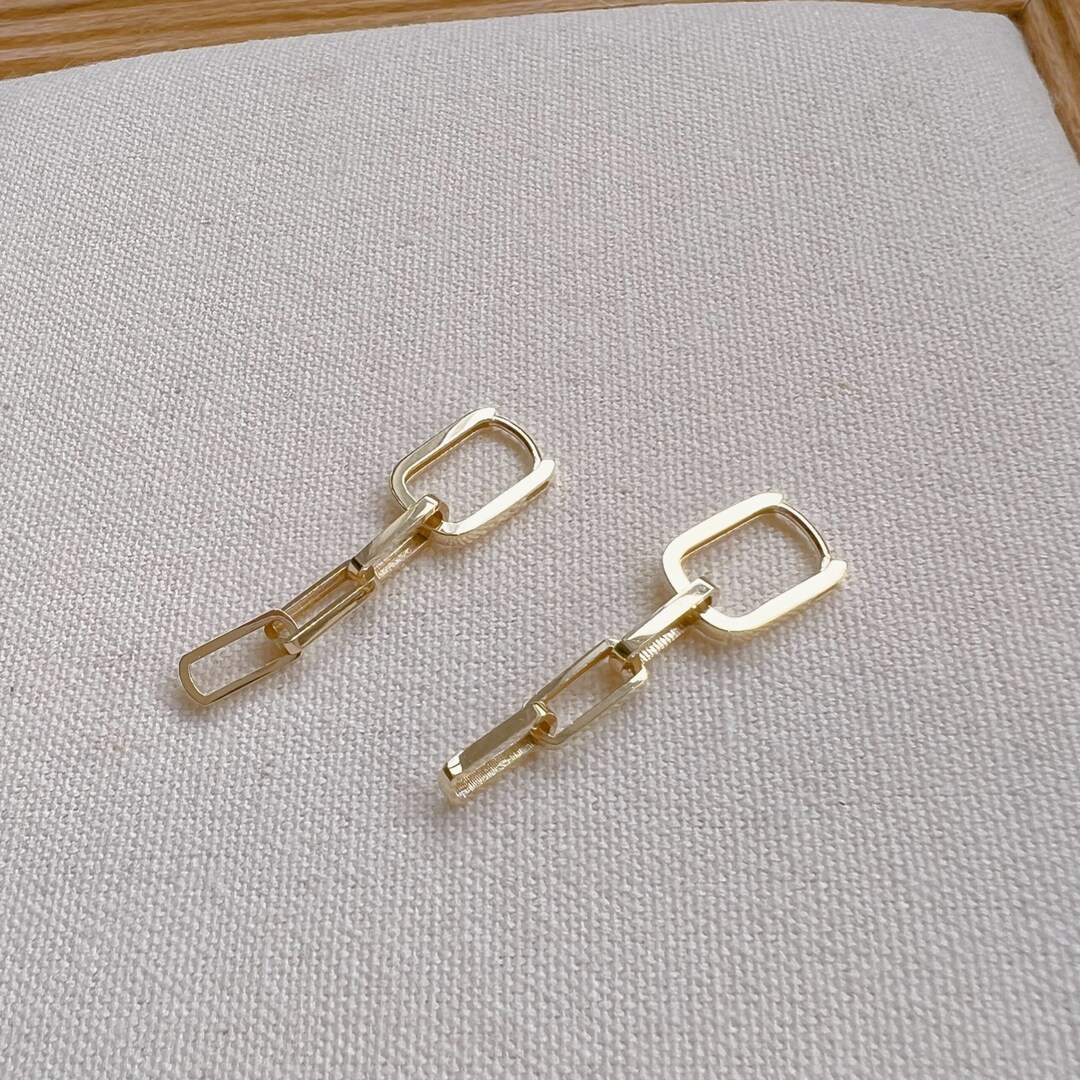 14k Solid Gold Long Link Chain Earrings, Chain Earrings, Solid Gold ...
